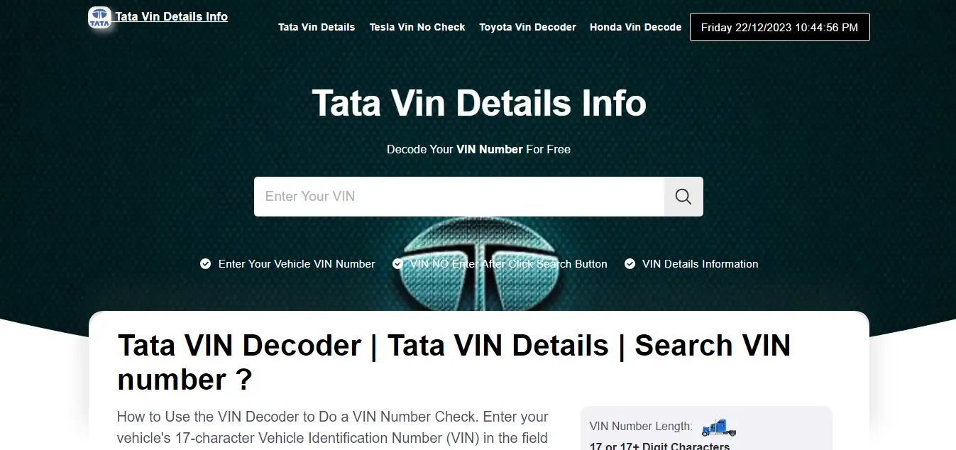 Tata VIN Number Decode | VIN number search of Tata